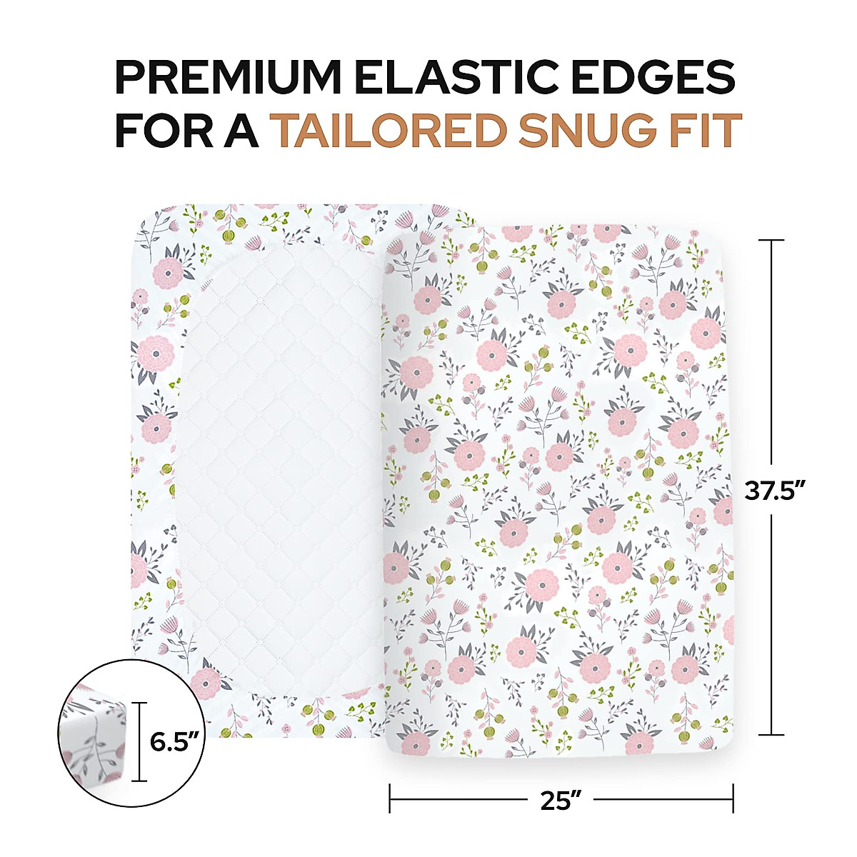 Mini Crib Sheet with Floral & Pink Pattern - 100% Organic Cotton Pack n Play Fitted Sheet - Premium Pack n Play Sheets - Compatible as Graco Pack n Play Sheet & Mini Crib Sheets - Pickle & Pumpkin