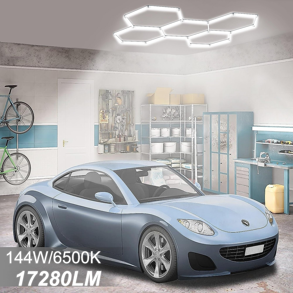 Wanzvisk Hexagon Led Lights,5 Pack 144W 17280LM Super Bright Hexagon Garage Ceiling Light for Gym Shop Basement Car Detailing Hexcal Studio Lighting