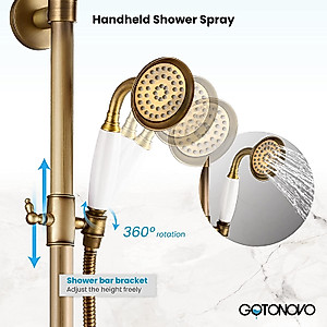 gotonovo Bathroom Exposed Shower Faucet 8 Inch Rainfall Shower Head Set with Tub Spout and Handheld Spray Double Cross Handles Wall Mount Straight Bar without Shower Shelf Antique Brass