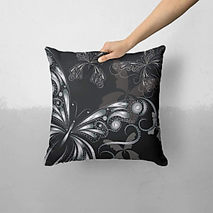 iiRov Vibrant Black & Silver Butterfly Outline - Custom Decorative Home Decor Indoor or Outdoor Throw Pillow Cover Plus Cushion Set for Sofa, Bed or Couch (Pillow CASE Cover Plus Cushion)