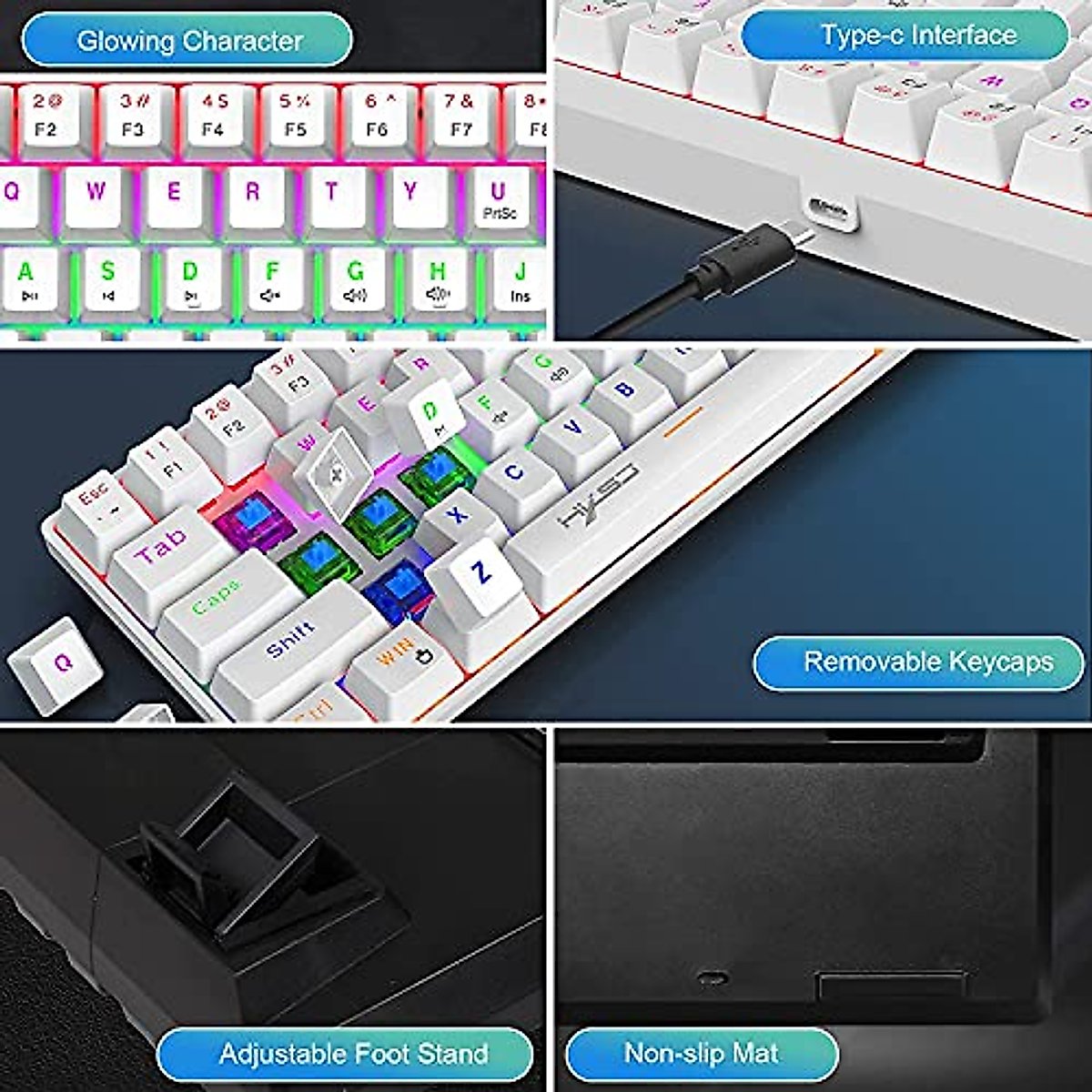 60% True Mechanical Gaming Keyboard Mouse Set, Type C Wired 61 Keys Layout Rainbow LED Backlit USB Waterproof Keyboard Anti-ghosting Keys+Lightweight RGB Mice 6400DPI for Computer/PC/Laptop/MAC(White)