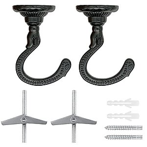 Evsteluo Large Swag Ceiling Heavy-Duty Hooks with Complete Hardware Kit - Ideal for Hanging Plants, Ceiling & Drywall Installation (2 Sets Black)