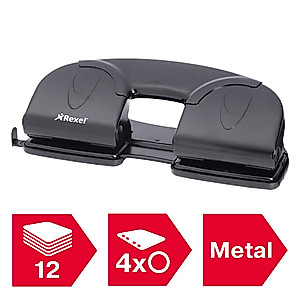 Rexel V412 4 Hole Punch, 12 Sheet Capacity, Adjustable Guide Bar, Metal, Black, 8309