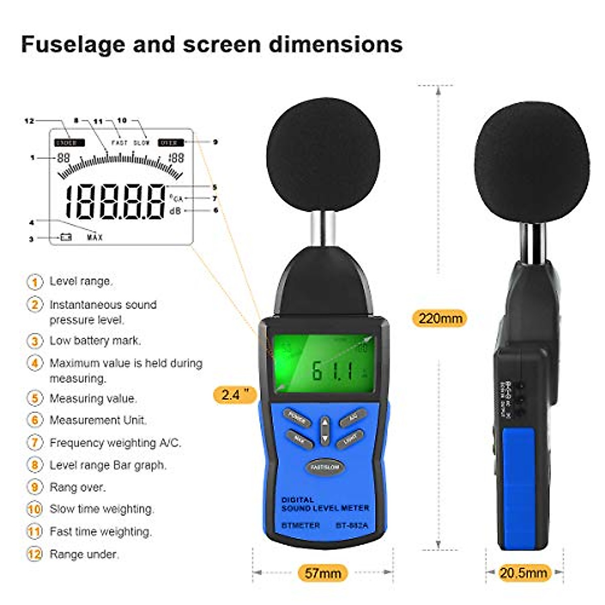 Precision Sound Level Meter, BTMETER Digital Decibel Tester for 30~130 dB Noise Volume Measurement with A/C Fast/Slow Weighting, Large Backlight Display BT-882A Decibel Reader