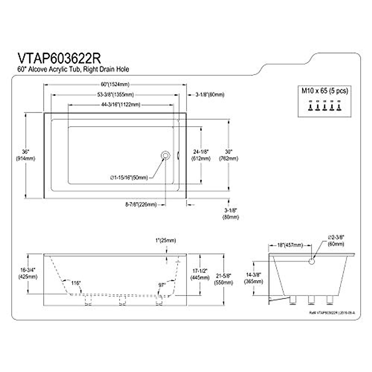 Kingston Brass Aqua Eden VTAP603622R 60-Inch Acrylic Alcove Tub with Right Hand Drain, White