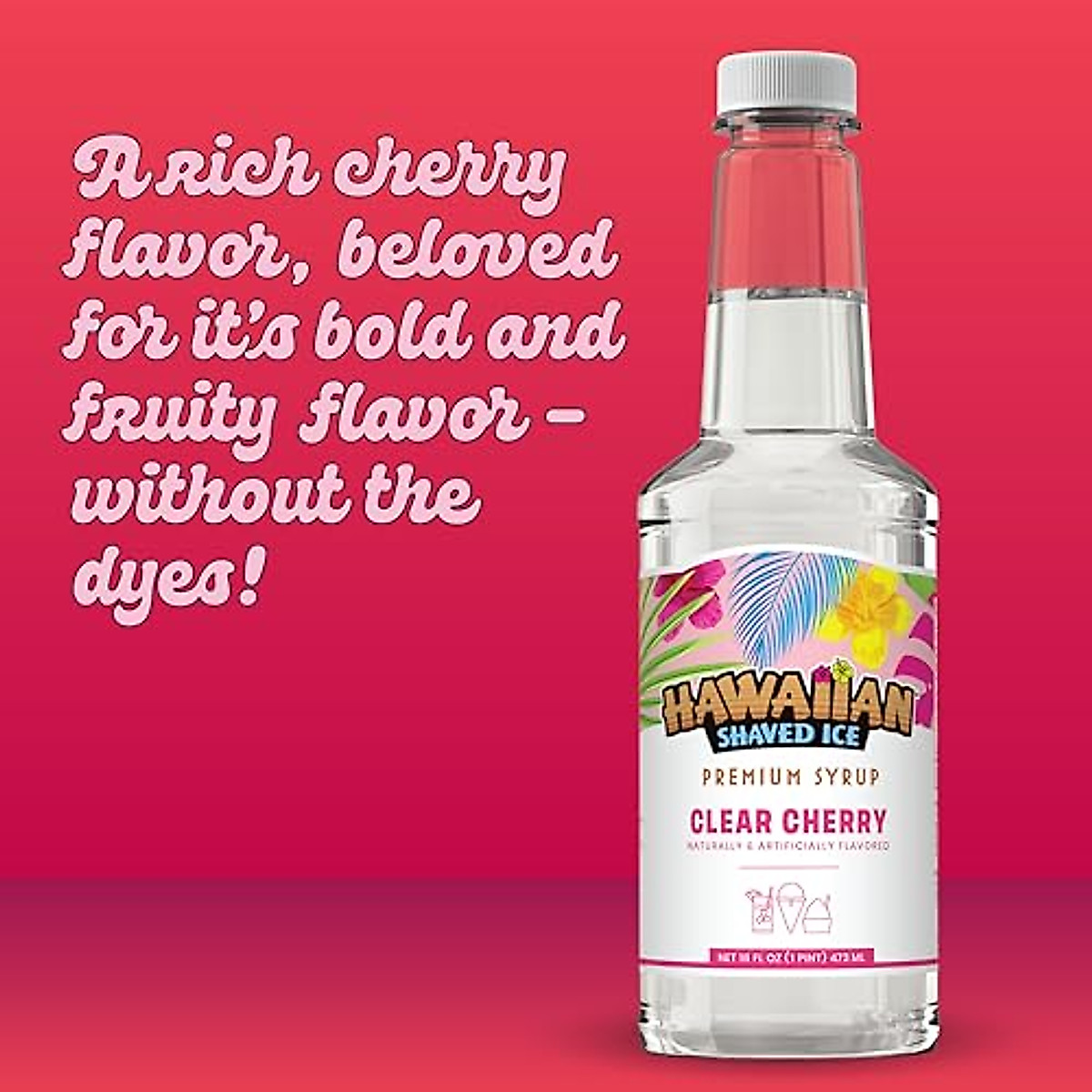 Hawaiian Shaved Ice Clear Cherry Syrup - Nut Soy Dairy & Dye Free - Flavor Fluffy & Crunchy Snow Cones - Shelf Stable - Makes 8 Servings - 16 ounces