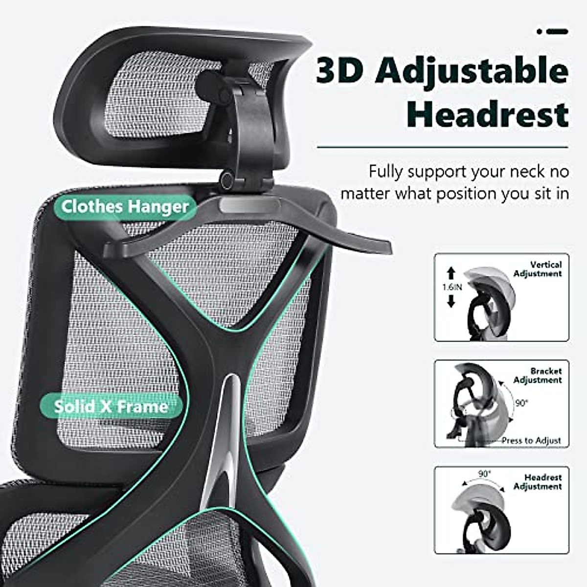 Memobarco Office Chair, Ergonomic Office Chair with Lumbar Support, Adjustable Seat Depth, Headrest, Armrests, Tilt Function, Mesh Executive Office Chairs for Home, Meeting, Conference, Hotel, Gray