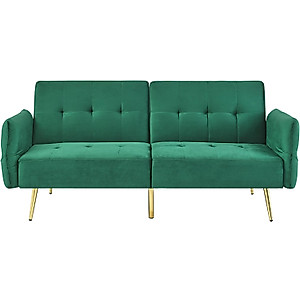 WinJoy Convertible Futon Sofa Bed with Folded Arms, Multi-Functional Velvet Sleeper Bed Reversible Couches with Storage and Adjustable Backrest, Armrests for Living Room, Apartment, Small Space Green