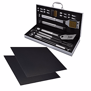Home-Complete 18-piece BBQ Grill Set, 16-pc Stainless Steel Barbecue Tools Kit with Aluminum Case and 2-pack BBQ Grill Mats