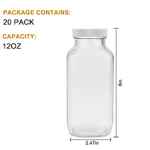 Encheng Glass Bottles 12 Ounce,Airtight Glass Beverage Bottles with Lids,Clear Vintage Drinking Bottles 350ml,Juicing Bottles for Storage Tea,Kombucha,Milk,Smoothies,20 Pack
