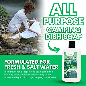 Biodegradable Camping Soap - 8 Ounce Unscented All Purpose Camping Soap Containing No Dyes or Fragrances - Formulated Camping Hand Soap and Backpack Soap - Camp Wash and Outdoor Soap for RVs and Camps