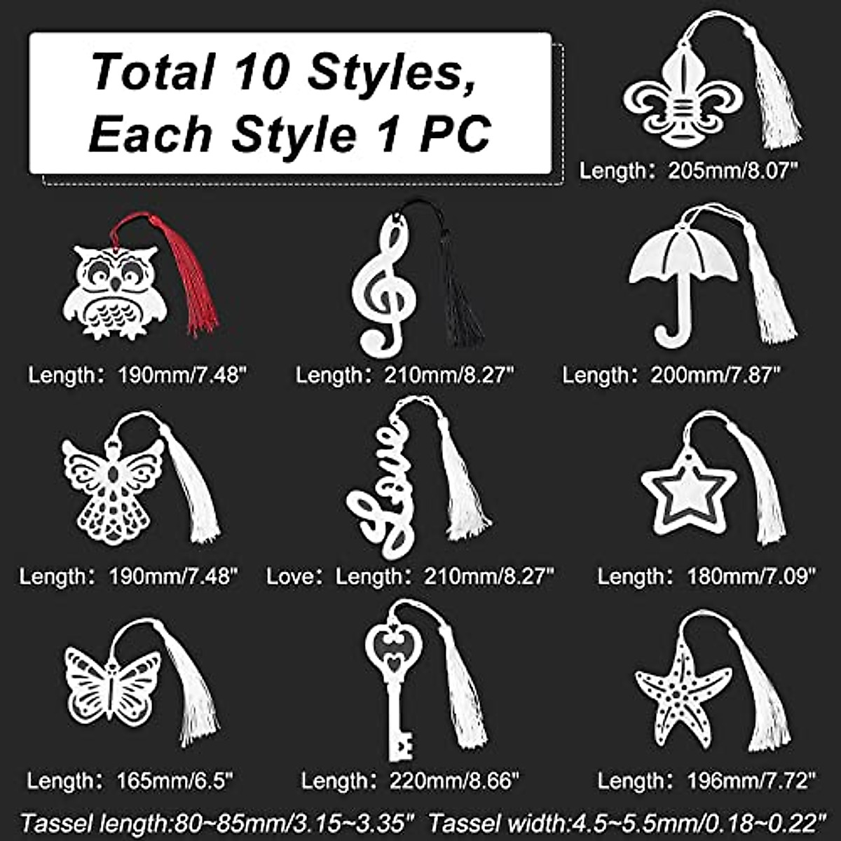 AHANDMAKER 10 Pcs Stainless Steel Bookmarks, Cute Starfish Angel Butterfly Owl Bookmark, Metal Hollow Bookmark with Tassels for Book Lovers Wedding Party Favors(10 Styles)