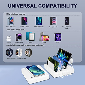 MERGROLY 75W Charging Station for Multiple Devices, 5 in 1 Fast Charging Station with 20W PD Port and 15W Wireless Charging Dock, Watch Holder, for Phone/Kindle/iPad/Tablet (5 Short Cables Included)