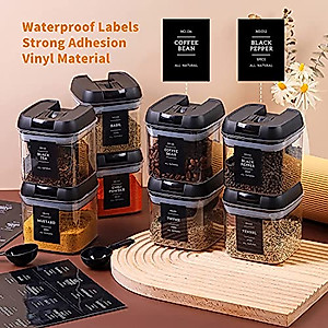 Spice Containers with Labels - 9 Pcs Large Plastic Tea Storage Containers with 148 Spice Labels and 9 Spoons - Square Airtight Spice Containers Set with black Lids for Kitchen Pantry Herbs,Coffee,Seasoning Organization