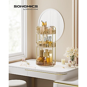 SONGMICS Makeup Organizer, 3-Tier Round Rotating Skincare Organizer Countertop, Customizable, Toiletries Vanity Organizer, Lazy Susan, Gift, Champagne Gold UJKA011A01