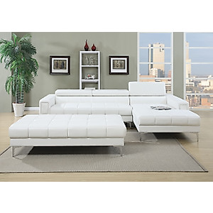 Poundex Bobkona Hayden Bonded Leather Sectional with Adjustable Back, White