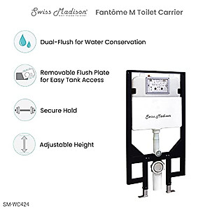 Swiss Madison Well Made Forever SM-WC424 Toilet Tank Carrier, For 2 x 4 Residential Studs, White & SM-WT449 St. Tropez Wall Hung Toilet, Glossy White