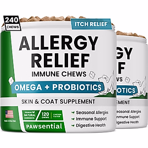 PAWSENTIAL Allergy Relief Dog Chews (240 Immune Treats) - Omega 3 + Colostrum + Probiotics - Itchy Skin Relief - Seasonal Allergies - Anti-Itch & Hot Spots - Immune Supplement - Made in USA