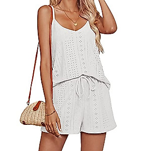 Ekouaer Women's Cami Loungewear Set 2 Piece Casual Summer Outfits Sleeveless Top and Shorts Matching Set V Neck Pj Sleepwear White X-Large
