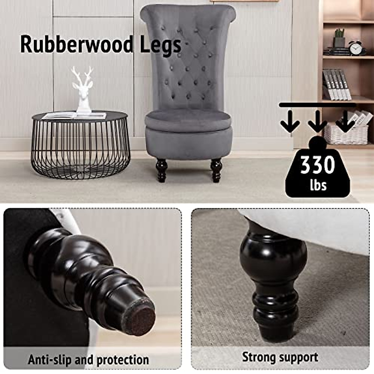 Icoget Gothic Queen of Throne Chair, 2 PCS Velvet High Back Chair w/Button-Tufted Upholstered Design, Royal Retro Armless Accent Chair w/Rubberwood Legs and Storage Space for Living Room, Grey