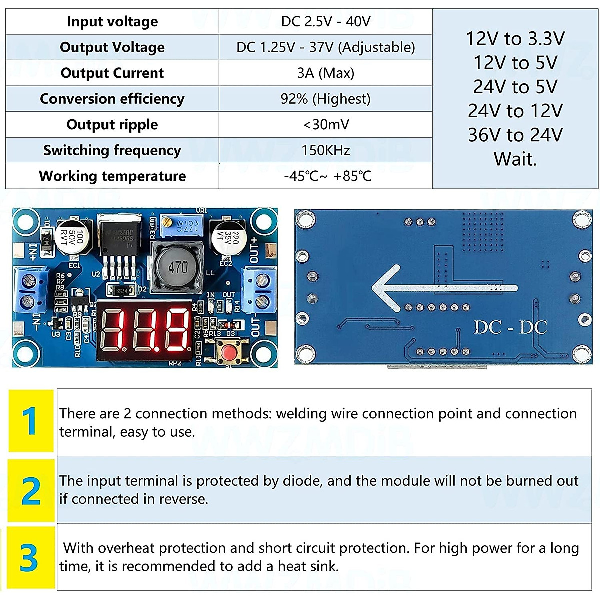 WWZMDiB LM2596 Voltage Regulator DC to DC Converter 3.2-35V to 1.25-30V Buck Converter (3Pcs LM2596 with LED Display)