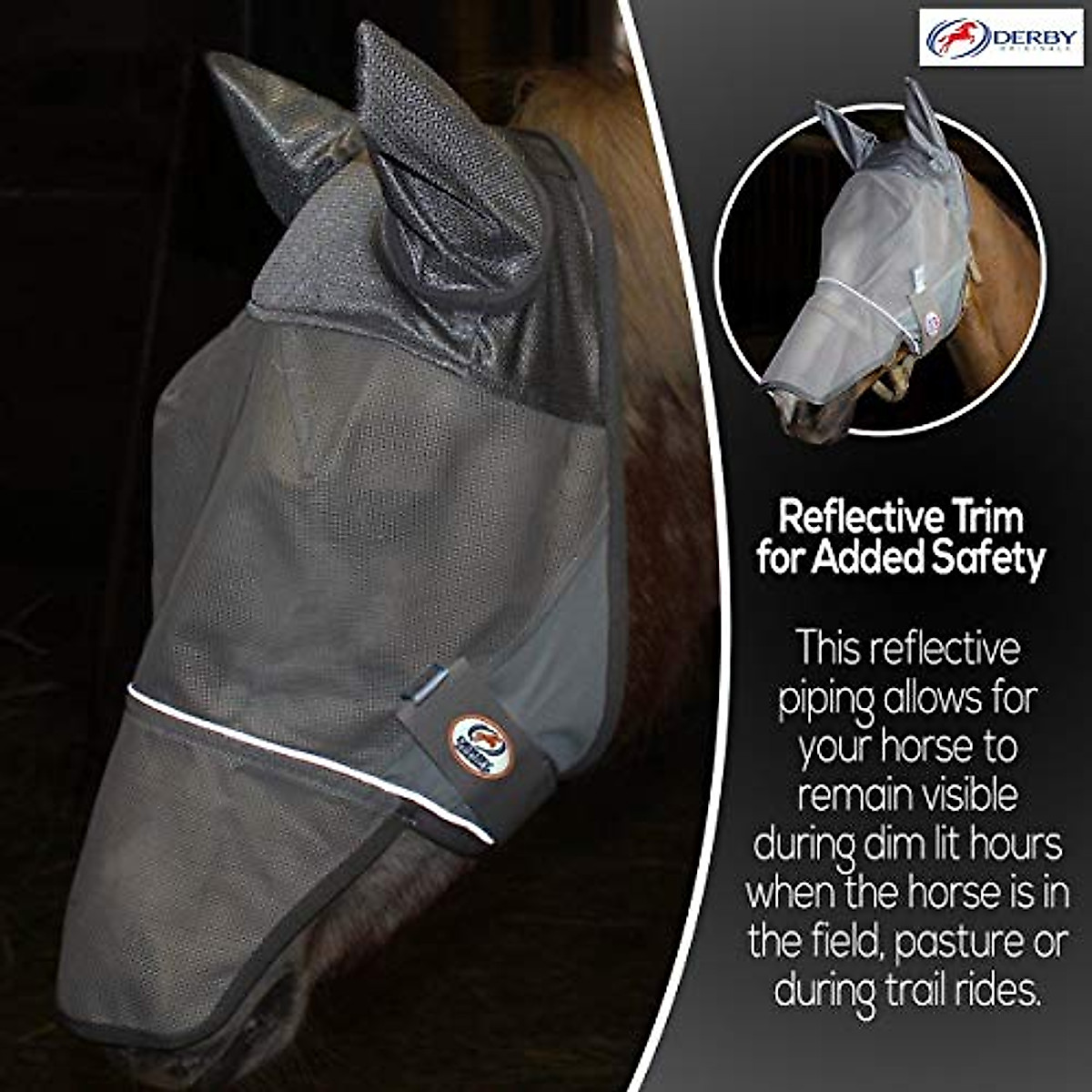 Derby Originals Reflective Mesh Fly Mask with 1 Year Warranty Includes Ears and Nose Cover,Summer Blue,Large (Full/Average),72-7109SB-L