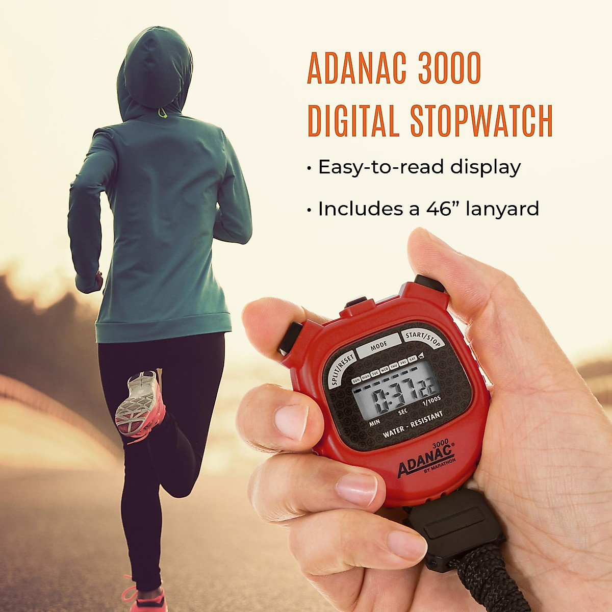 Marathon Adanac 3000 Digital Stopwatch Timer, Red - High Precision Accuracy to 1/100th Seconds - Water, Dust & Shock Resistant - 46” Lanyard Included