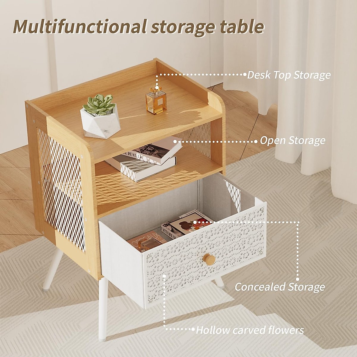 Iirios Nightstands Set of 2, End Table with Open Shelf, 2-Tier Night Stand with Adjustable Metal Floral Drawer, Night Stand for Bedroom Sofa Side Table, End Table, Bedside Table
