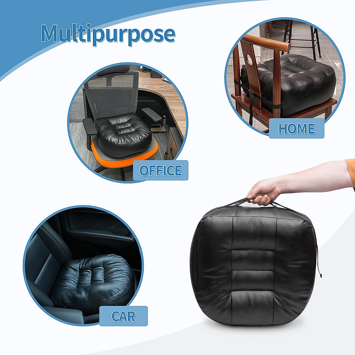 YOUFi Leather Seat Cushion Extra-Thick Booster - Perfect for Office Chair to Rise Height - Full Filling for Support - with Breathable Cover, Handle and Buckle - Relieves Back Pain – 18"x16"x6"