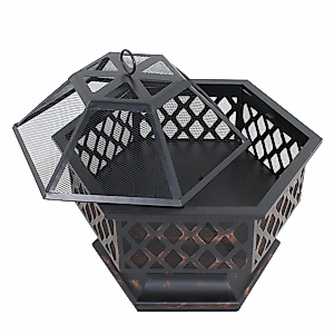 LEMY Hex Shaped Fire Pit Wood Burning Fireplace Firepit Bowl with Spark Screen Cover Patio Backyard Heater Steel 24"