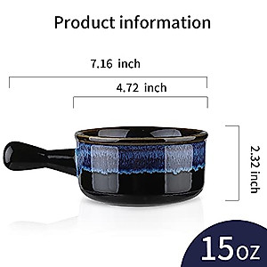 KOOV French Onion Soup Bowls With Handles Microwave Safe, 15 Oz Ceramic Soup Crocks for Oatmeal, Cereal, Stew, dessert, Reactive Glaze Set of 4 (Nebula Blue)