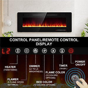 BREEZEHEAT 50 inch Electric Fireplace Wall Mounted/Freestanding-Ultra Thin Fireplace Inserts for Living Room with Double Heat Vent, Remote Control, Touch Screen, Led Flame, 8H Timer, 750w/1500w
