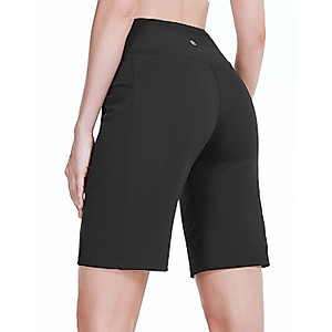 BALEAF Women's 10" Bermuda Shorts Long Athletic Workout Knee Length High Waisted Yoga Running Shorts with 3 Pockets Black XXL