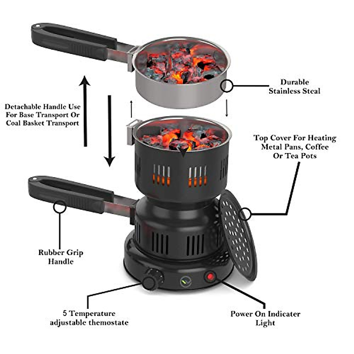 Coal Burner, Accessories Set, Electric Charcoal Burner For Coals, Portable Coal Stove, Quick Heating, 72 Coconut Coals,100 Foil Sheets, and 100 Tips Included (Burner with Coconut Coals, Foil, Tips)