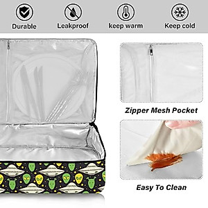 Kcldeci Insulated Thermal Food Carrier Insulated Casserole Carrier for Hot or Cold Food,Sketch Aliens and Plate Insulated Tote Bag for Potluck Cookouts Parties Picnic,Lasagna Lugger