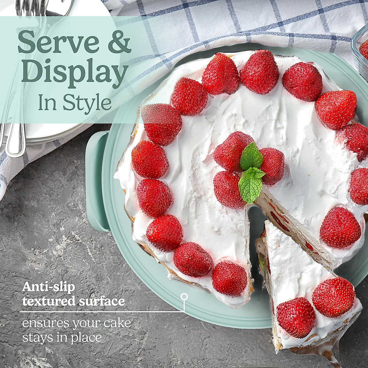 Cake Carrier with Lid and Handle - Multipurpose Cake Stand with Lid for 10” Cake, Pie, Cupcakes - Cake Holder & Lid, Plastic Cake Container, Round Cake Cover for Transport & Storage (Seafoam Green)