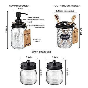 Amolliar 4PCS & 2pcs Black Mason Jar Bathroom Accessories Set-3 pcs Lotion Soap Dispenser & 2 pcs Cotton Swab Holder &1pcs Toothbrush Holder,Waterproof Stickers,Rustic Farmhouse Decor