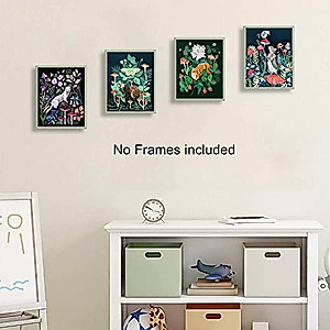 Mushroom Butterfly Wall Art, Black Background Botanical Floral Insect Wildlife Fox Print, Fun Cute Creative Nature Poster for Kitchen Bedroom Living Room Decor, Set of 4 - (8 x 10 Inch Unframed)