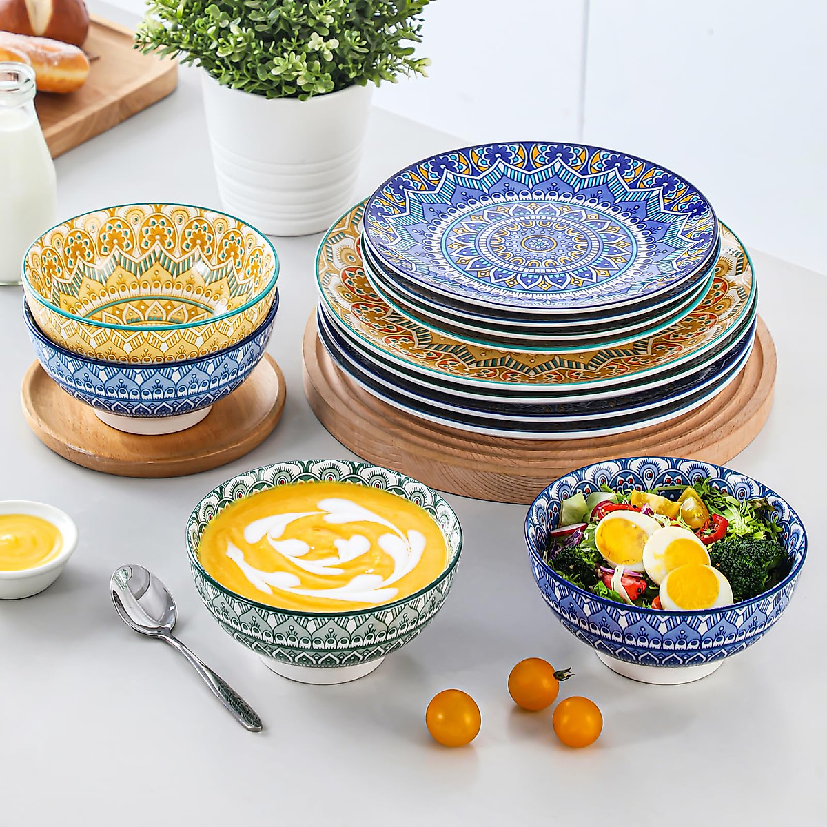 vancasso Mandala Dinnerware Sets 16 Pieces Porcelain Dinner Set for 4 Boho Plates and Bowls Dish Set with 10.5in Dinner Plates, 8in Dessert Plates, 6in Bowls and 13oz Mugs