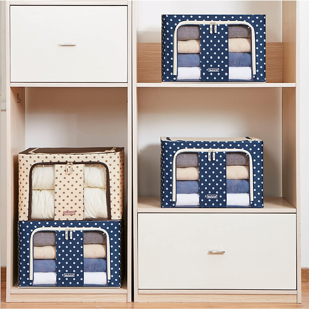 2 Pack 100L Foldable Storage Box with Transparent Double Window, Large Capacity Stackable Clothing Storage Box with Steel Frame and Metal Zipper and Carry Handles (100L, 2xUpgraded Blue Dots)