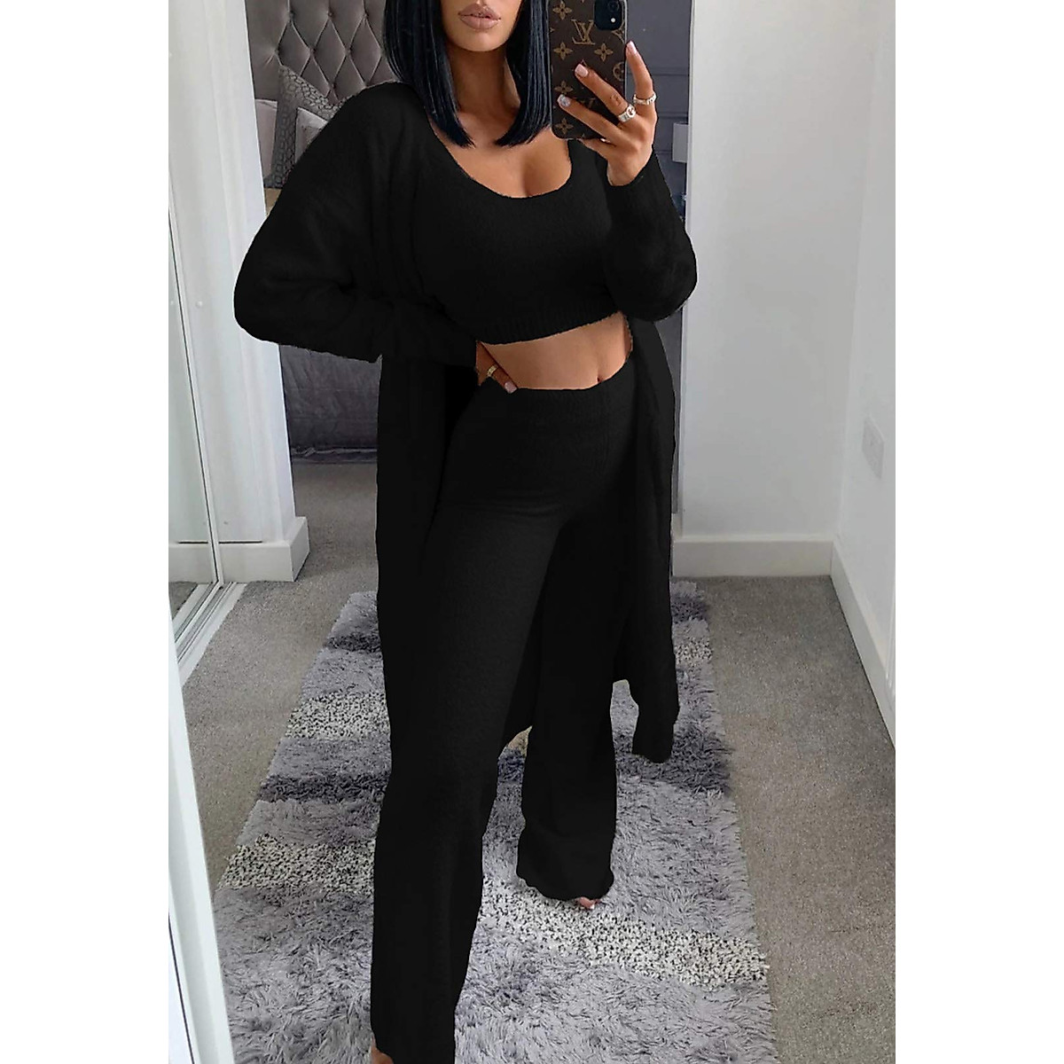 Linsery 3 Piece Sexy Fuzzy Outfit for Women Sherpa Jacket Coat and Crop Top Wide Leg Pants Lounge Set Cozy Fleece Tank Top and Pants Pajamas Black S