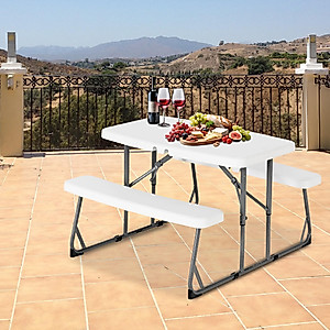 Peakform 6 Foot Rectangular Picnic Table, Multipurpose Indoor Outdoor Furniture with Double Bench Wood Grain Seating, White/Black