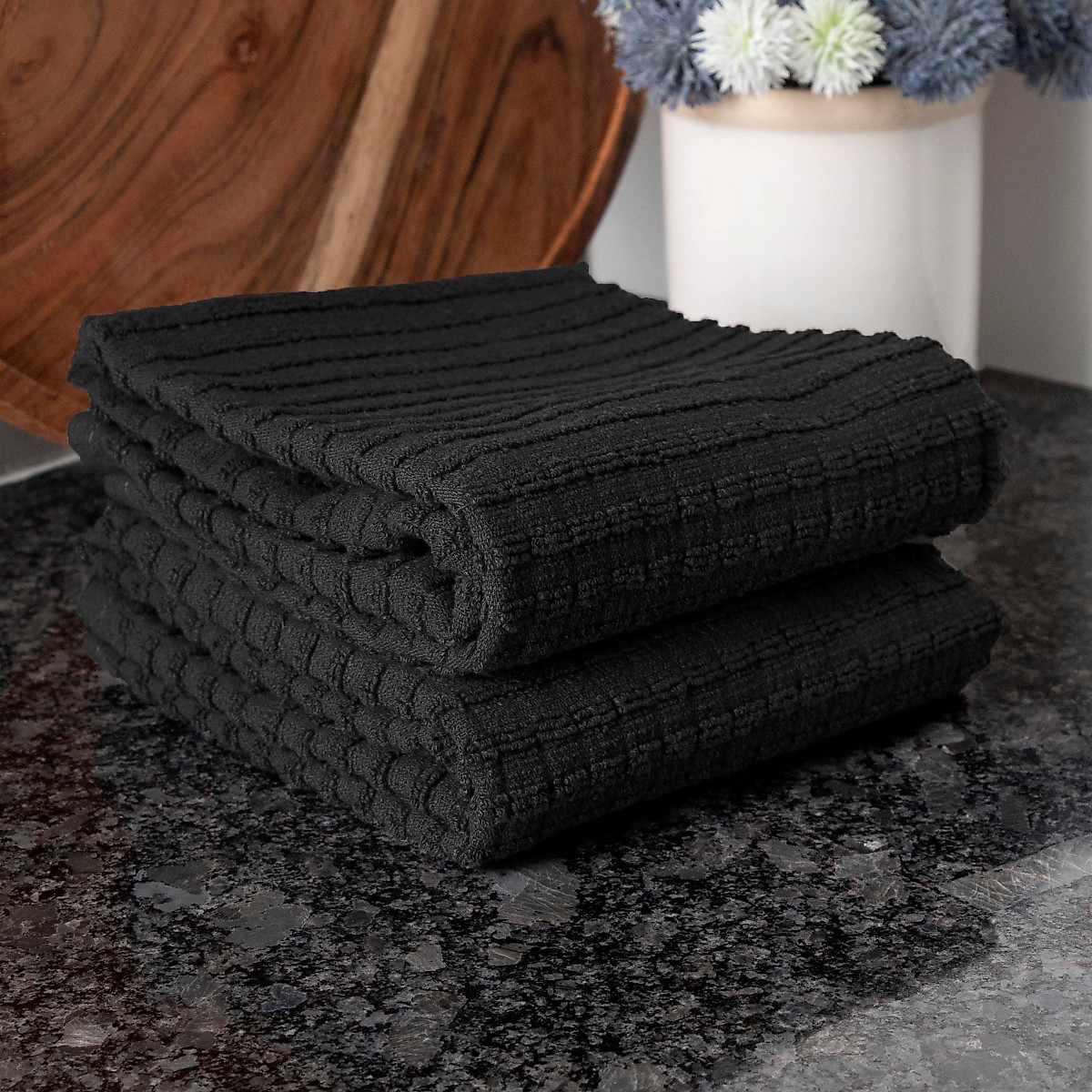 Ritz Royale Collection 100% Combed Terry Cotton, Highly Absorbent, Oversized Kitchen Towel Set, 28" x 18", 2-Pack, Solid, Black