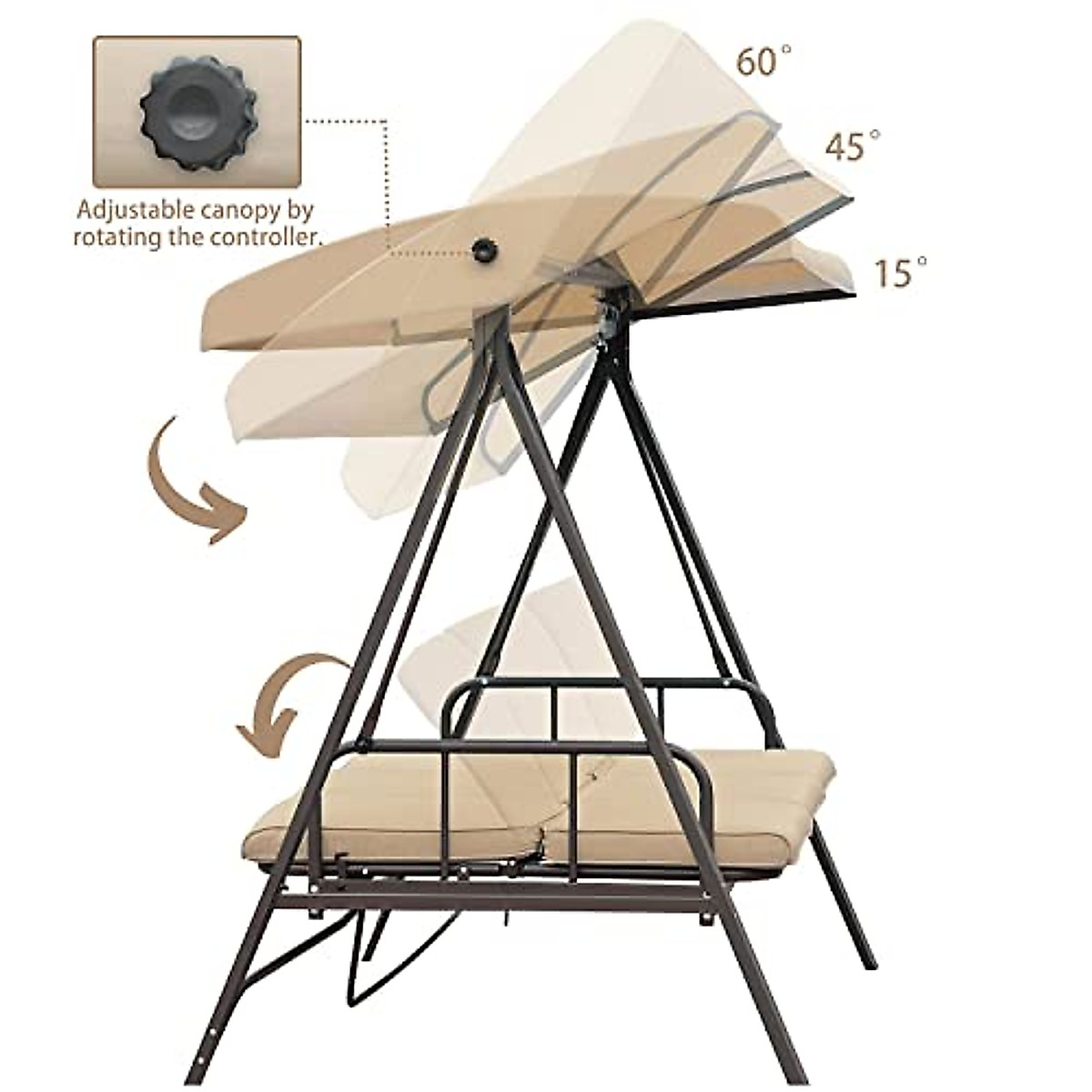 Aoodor 2 in 1 Patio Porch Swing Bed Olefin Fabric Fade Resistant Outdoor Converting Adjustable Canopy, Weather Resistant Glider with Removable 3 Seater - Brown