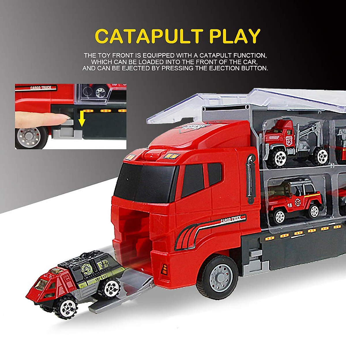 Coolplay Fire Truck Toy Set for Kids, Toy Vehicles Carrier Truck with Die-cast Cars, ​Rescue Firetruck for Boys 3-6 Years Old