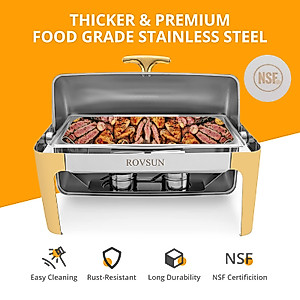 ROVSUN 3 Packs Roll Top Chafing Dish Buffet Set Gold Accent,NSF 9 Quart Rectangular Stainless Steel Chafer, Buffet Servers and Warmers Set Warming Tray for Wedding, Parties, Banquet, Catering Events