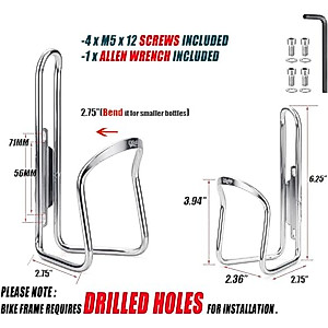 USHAKE Water Bottle Cages for MTB Bikes - Lightweight Aluminum Alloy Holder Brackets - Easy to Install with Drilled Holes - 2 Pack Silver