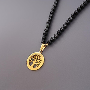 COAI Tree of Life Pendant Tiger Eye Obsidian Stone 108 Beads Mala Necklace