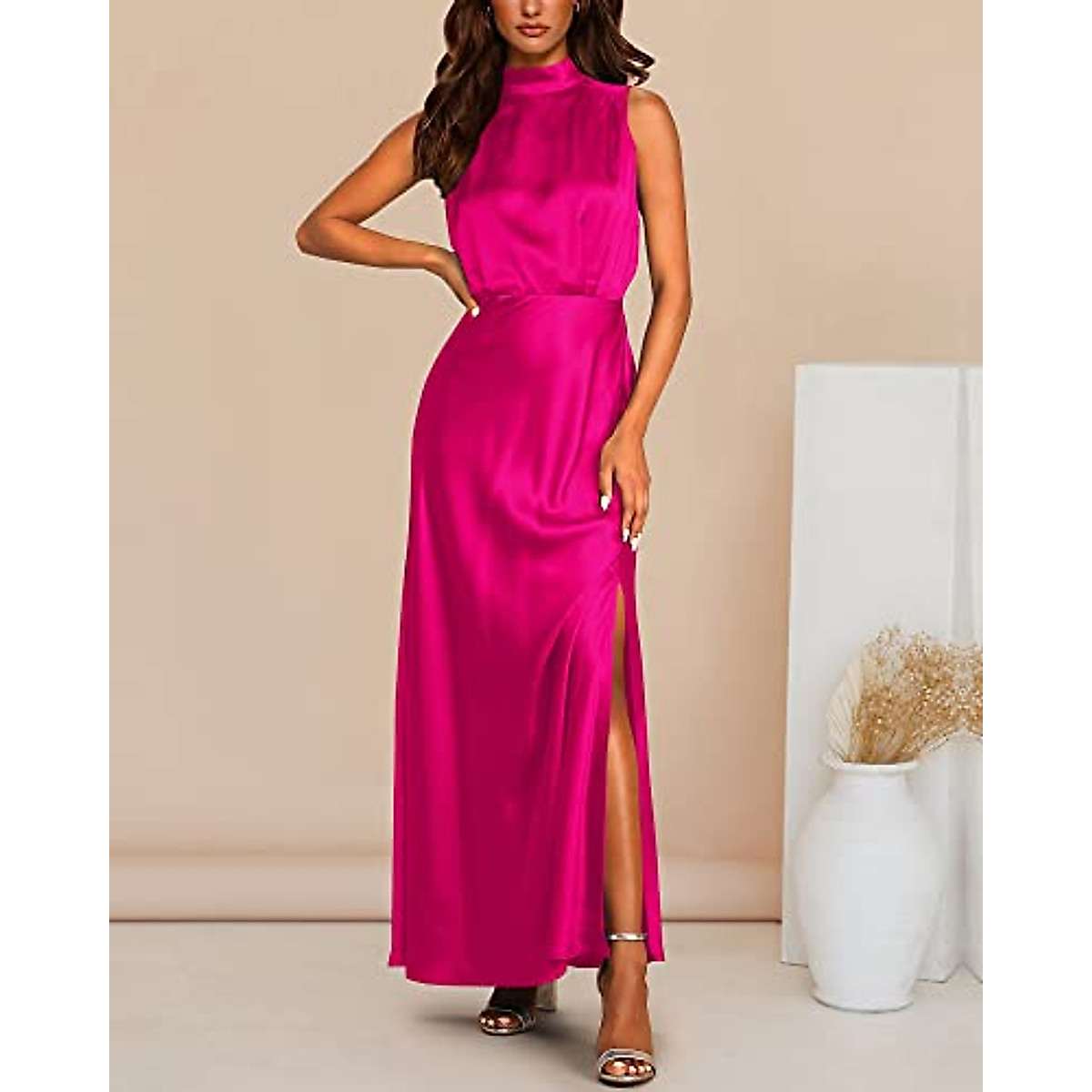 BTFBM Women Sleeveless Mock Neck Cocktail Dresses Keyhole Elastic Waist Party Wedding Guest Satin High Split Maxi Dress(Solid Rose Red, Medium)