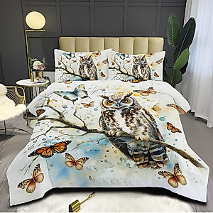 CCoutueChen Owl Bedding Set Queen Size for Girls Boys Kids 3D Animal Printed Comforter Set White Blue Butterfly Bedding Sets 3 Piece Soft Microfiber Down Alternative Comforter Sets with 2 Pillowcases